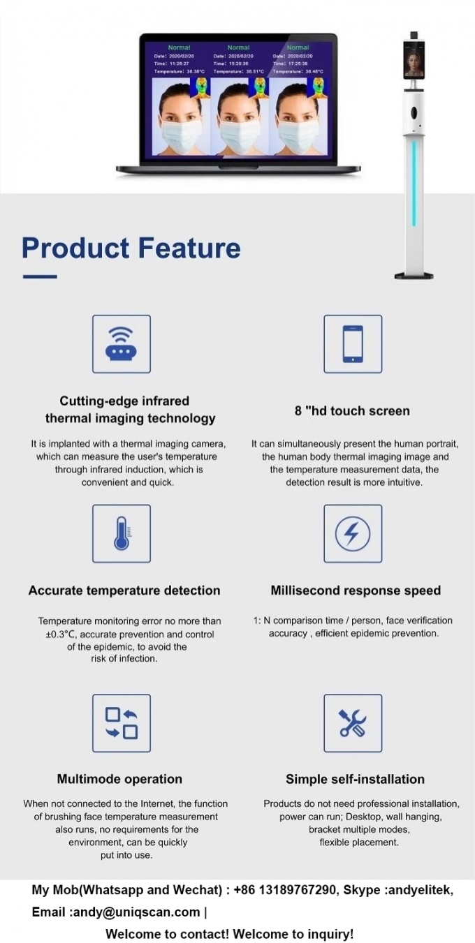 Stainless Steel 8" Time Attendance Facial Recognition Thermometer